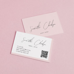 Simple Blush Pink Handwritten Script QR code Business Card | Zazzle
