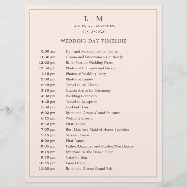 Simple Blush Pink Monogram Wedding Timeline | Zazzle