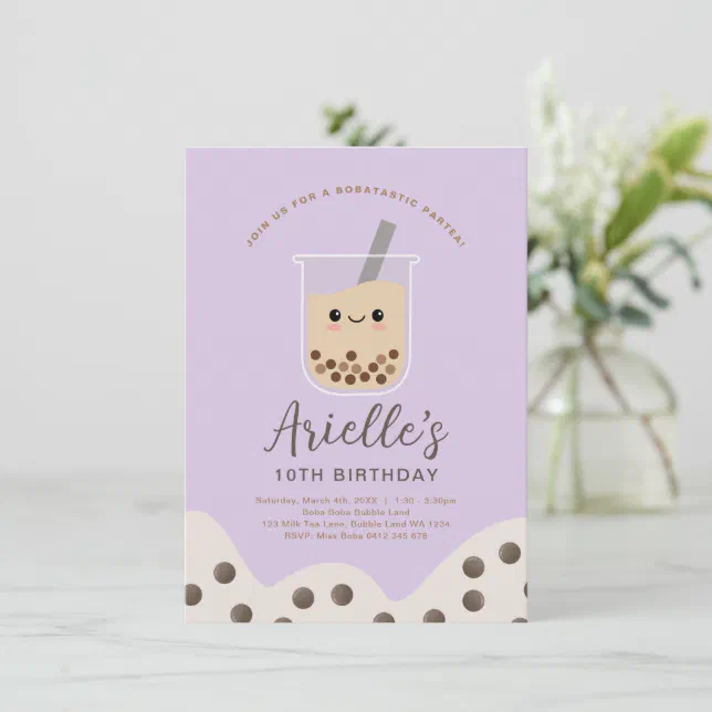Simple Boba Bubble Milk Tea Purple Birthday Invitation | Zazzle