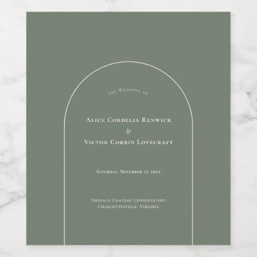 Simple Boho Arch Sage Green Wedding Wine Label | Zazzle