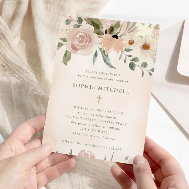Simple Boho Blush Watercolor Flowers Confirmation Invitation | Zazzle