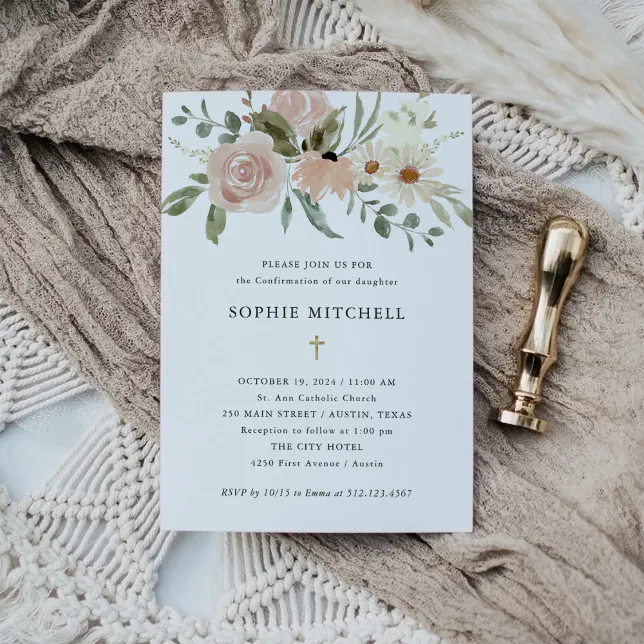Simple Boho Neutral Watercolor Flower Confirmation Invitation | Zazzle