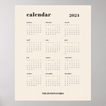 SImple Bold | Cream and Black 2024 Calendar Poster | Zazzle
