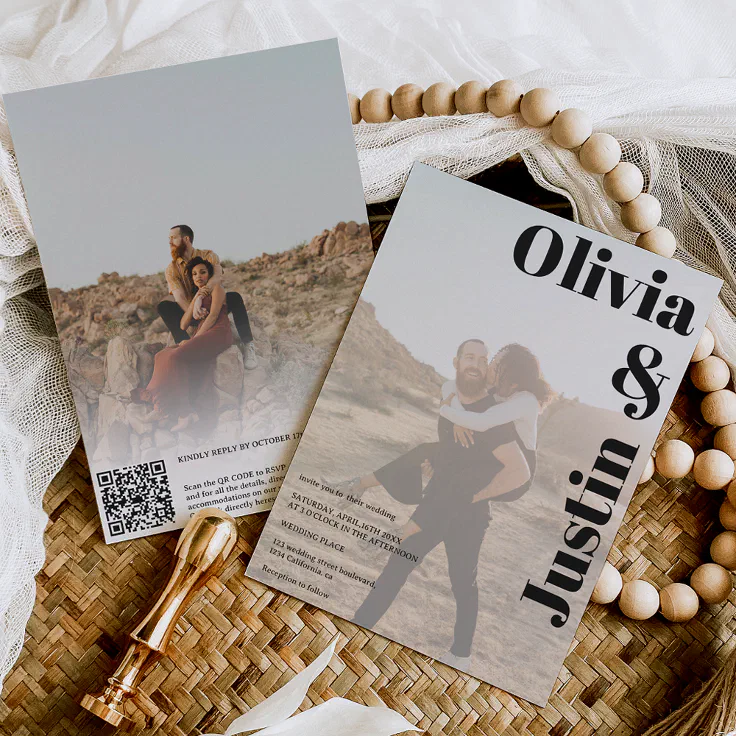 Simple bold names 2 photos Qr code wedding Invitation | Zazzle
