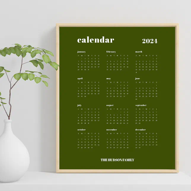 Simple Bold | Olive Green & White 2024 Calendar Poster | Zazzle