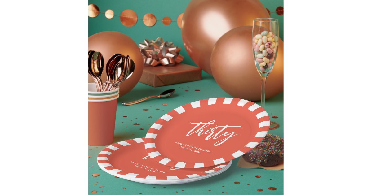 Simple Bold Orange and White 30th Birthday Party Paper Plates | Zazzle