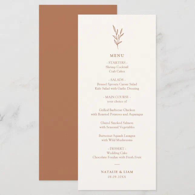 Simple Botanical Burnt Orange Wedding Menu | Zazzle