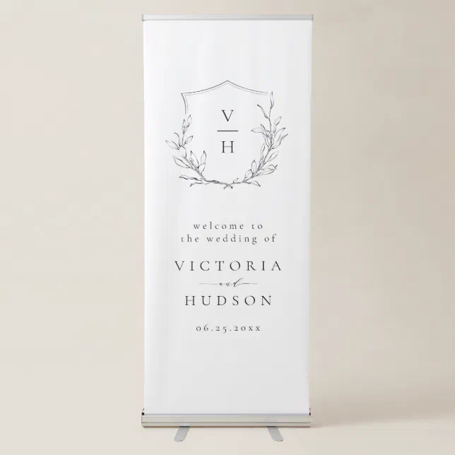 Simple botanical crest rustic wedding welcome retractable banner | Zazzle