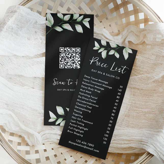 Simple Botanical Price List with QR Code Black Rack Card | Zazzle