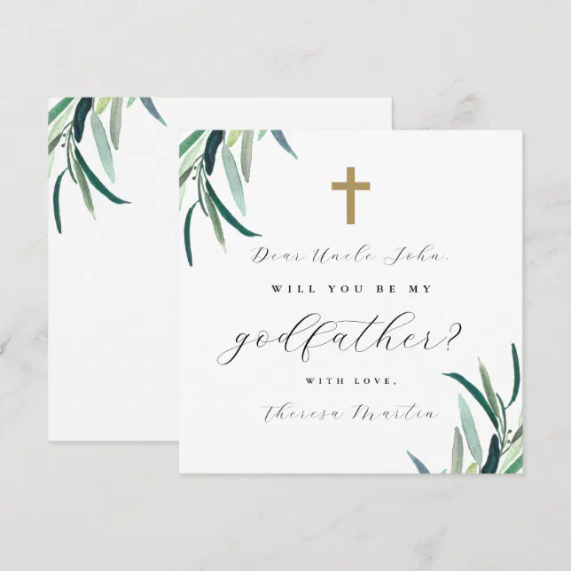 Simple Botanical with Cross Godfather Proposal Invitation | Zazzle