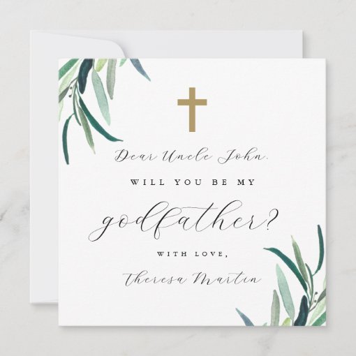 Simple Botanical with Cross Godfather Proposal Invitation | Zazzle