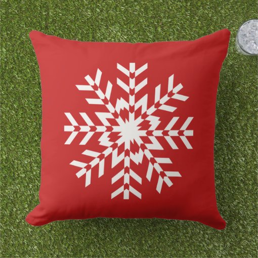 Simple Bright Red and White Christmas Snowflake Outdoor Pillow | Zazzle