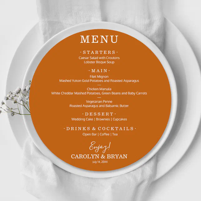 Simple Burnt Orange Round Wedding Dinner Menu | Zazzle