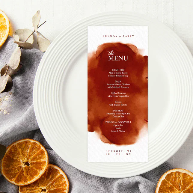 Simple Burnt Orange Watercolor Menu Card | Zazzle