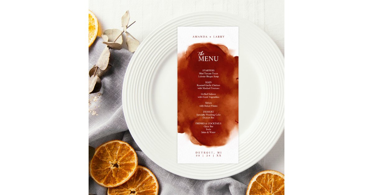 Simple Burnt Orange Watercolor Menu Card | Zazzle