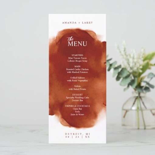Simple Burnt Orange Watercolor Menu Card | Zazzle