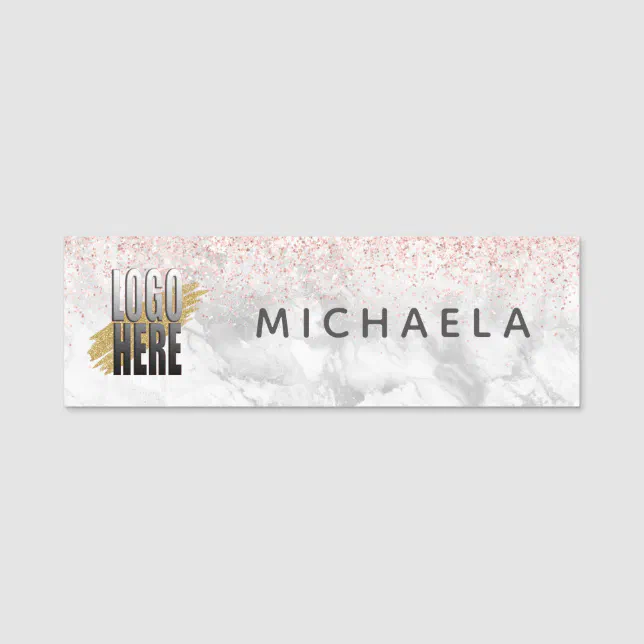 Simple Business Logo Glitter Marble Name Tag | Zazzle
