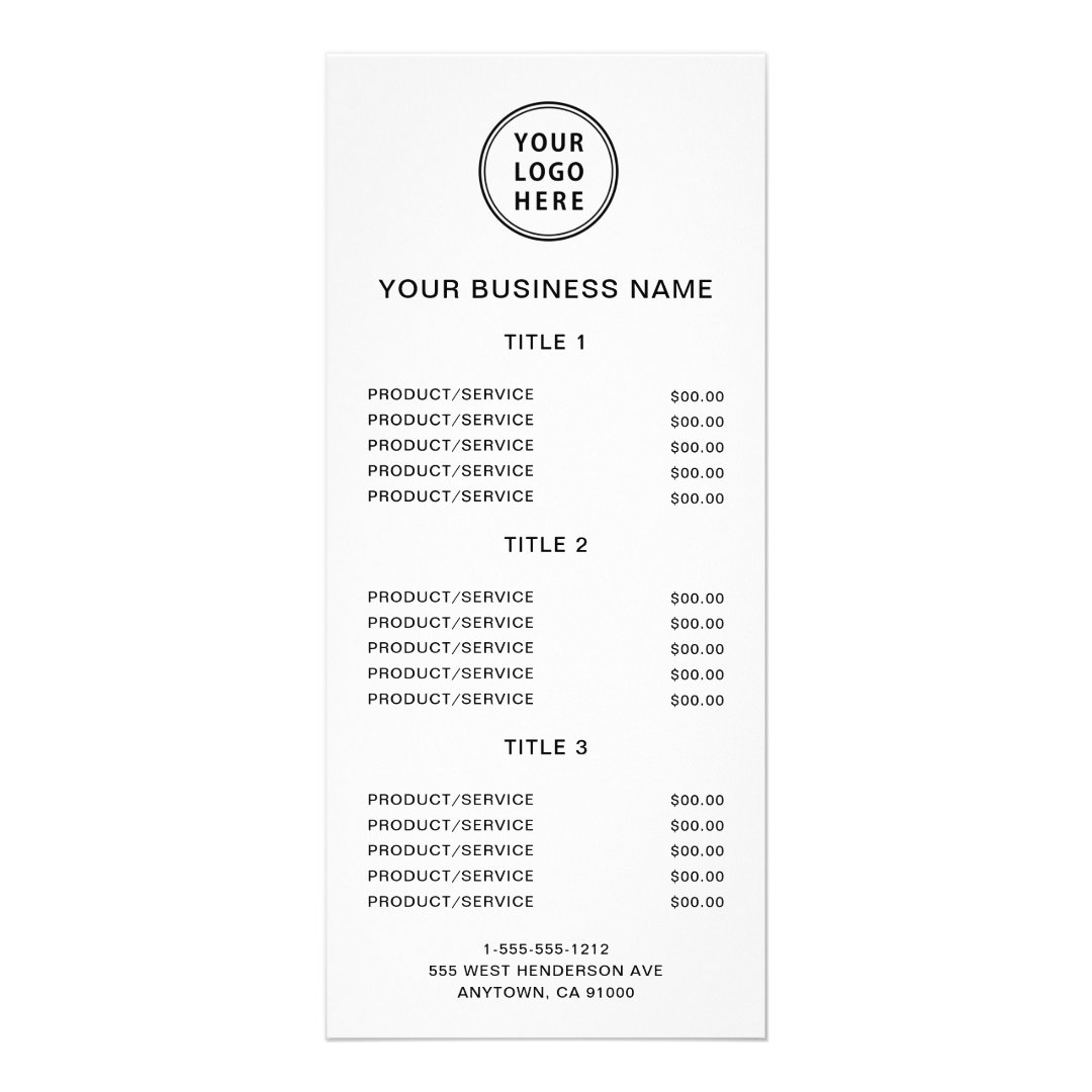 Simple Business Logo Price List Rack Card | Zazzle