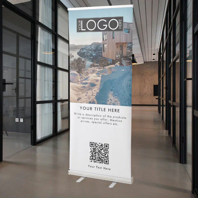 Simple Business Logo QR Code Modern Photo Retractable Banner | Zazzle