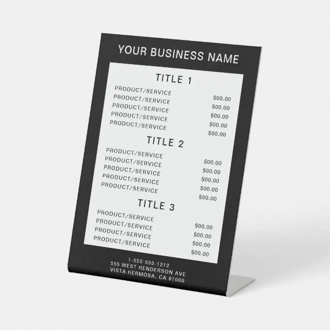Simple Business Price List Black White Pedestal Sign | Zazzle