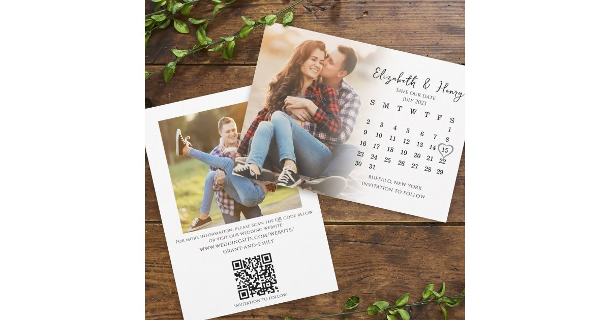 Simple Calendar Calligraphy Two Photo QR Code Save The Date | Zazzle
