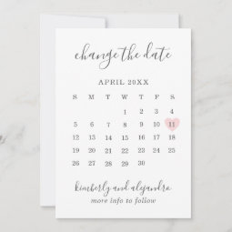 Simple Calendar Pink Heart Wedding Change the Date Announcement | Zazzle