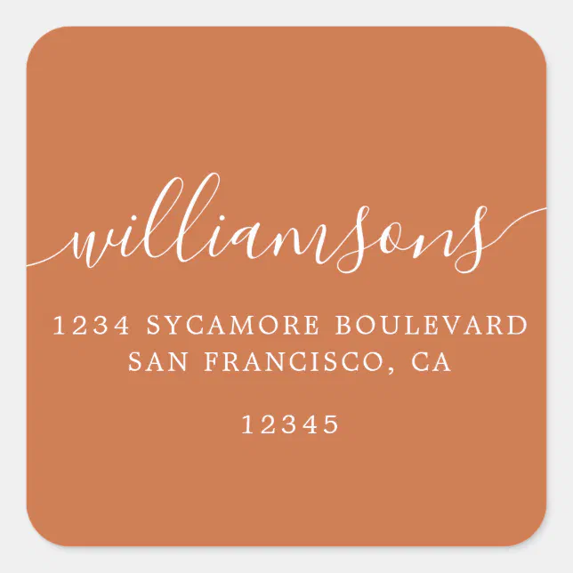 Simple Calligraphy Burnt Orange Return Address Square Sticker | Zazzle