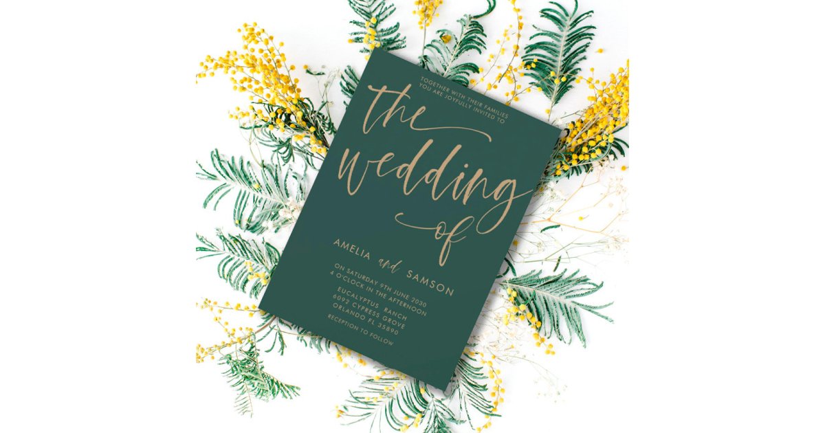 Simple Calligraphy Emerald Green & Gold Wedding Invitation | Zazzle