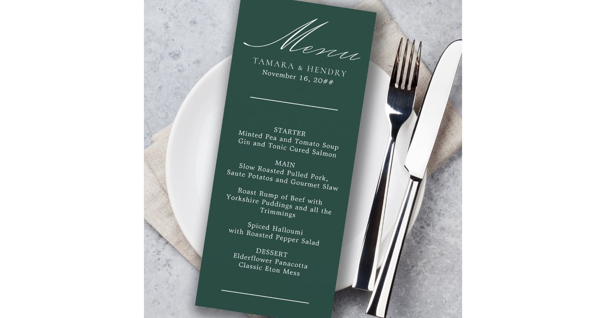 Simple Calligraphy Emerald Wedding Menu | Zazzle