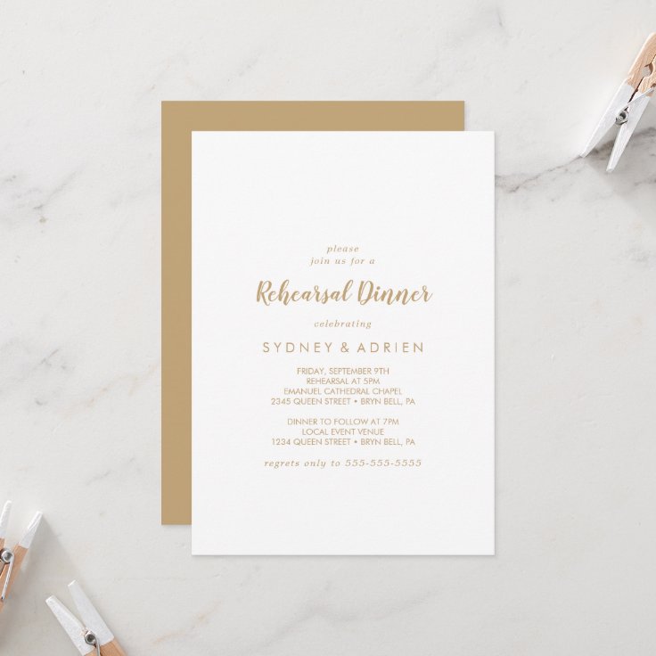 Simple Calligraphy | Gold Back Rehearsal Dinner Invitation | Zazzle