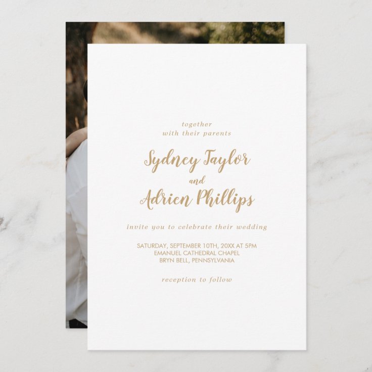 Simple Calligraphy|Gold Photo Casual Wedding Invitation | Zazzle