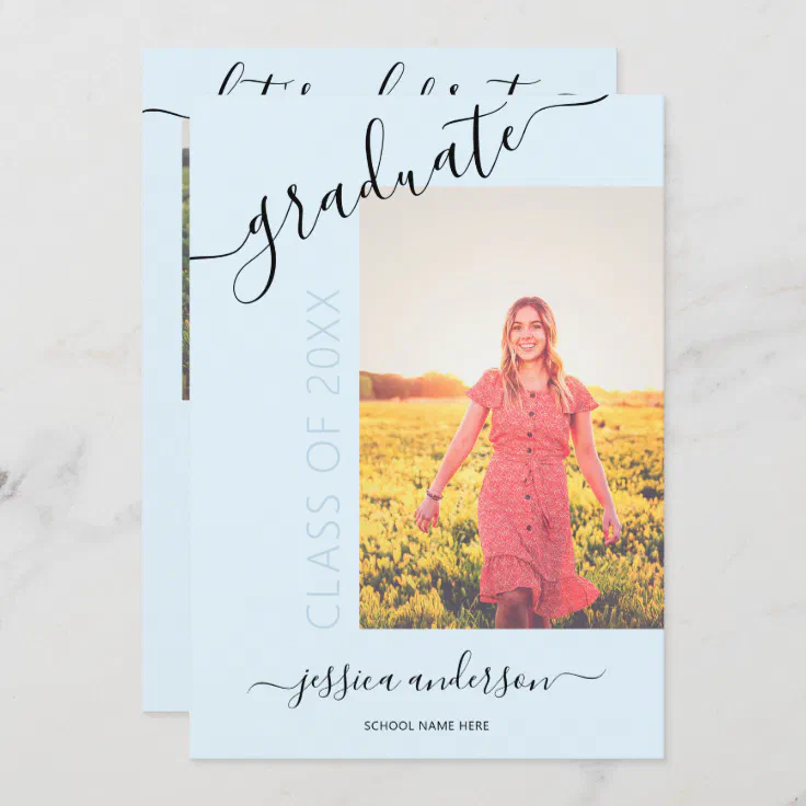 Simple Calligraphy Light Blue Graduation 2 Photo Invitation | Zazzle