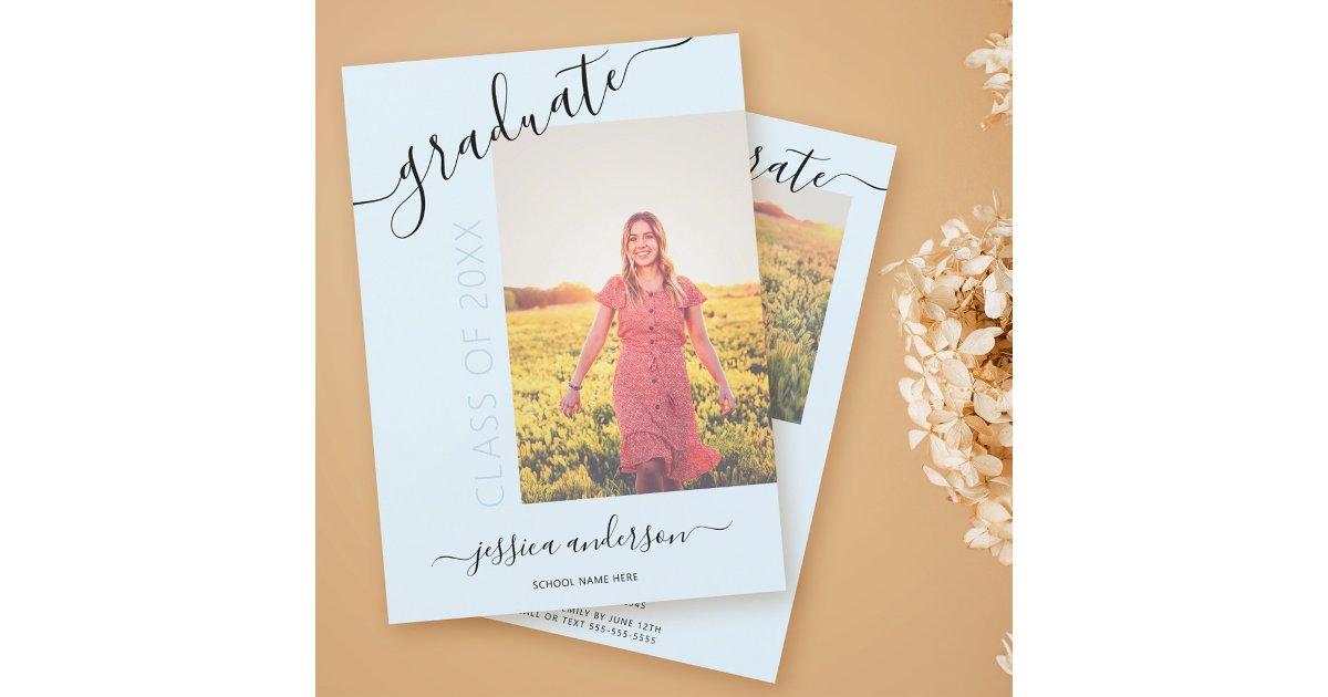 Simple Calligraphy Light Blue Graduation 2 Photo Invitation | Zazzle