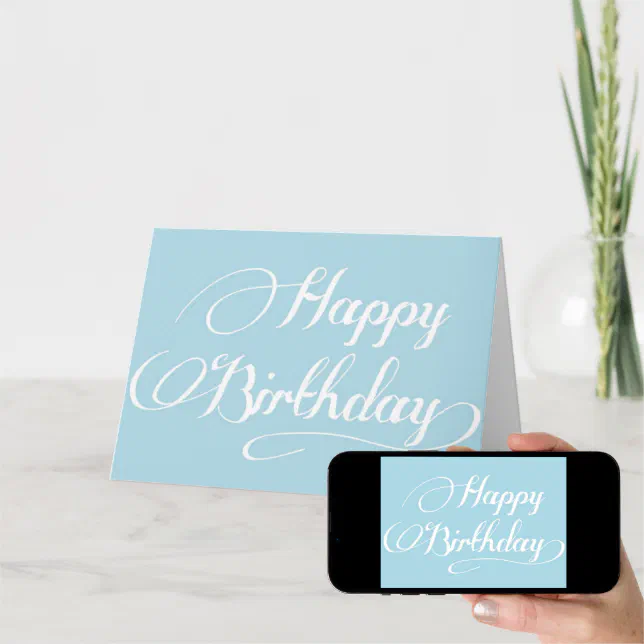Simple Calligraphy Light Blue Happy Birthday Card | Zazzle