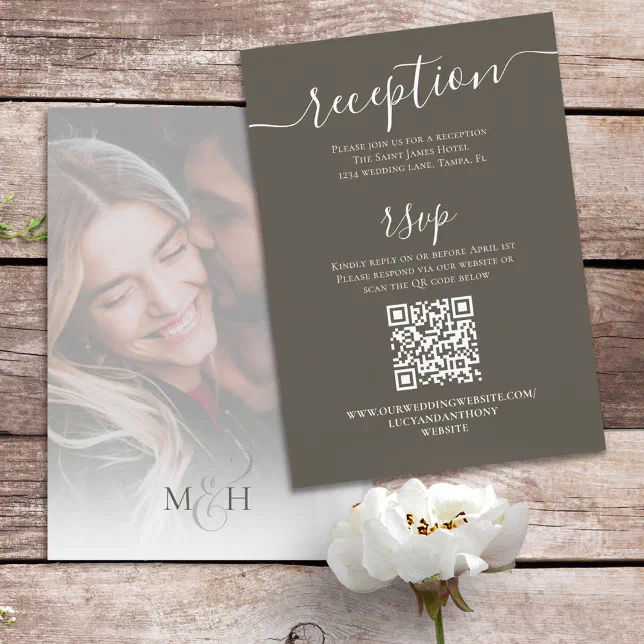 Simple Calligraphy Photo Brown | QR Code RSVP Enclosure Card | Zazzle