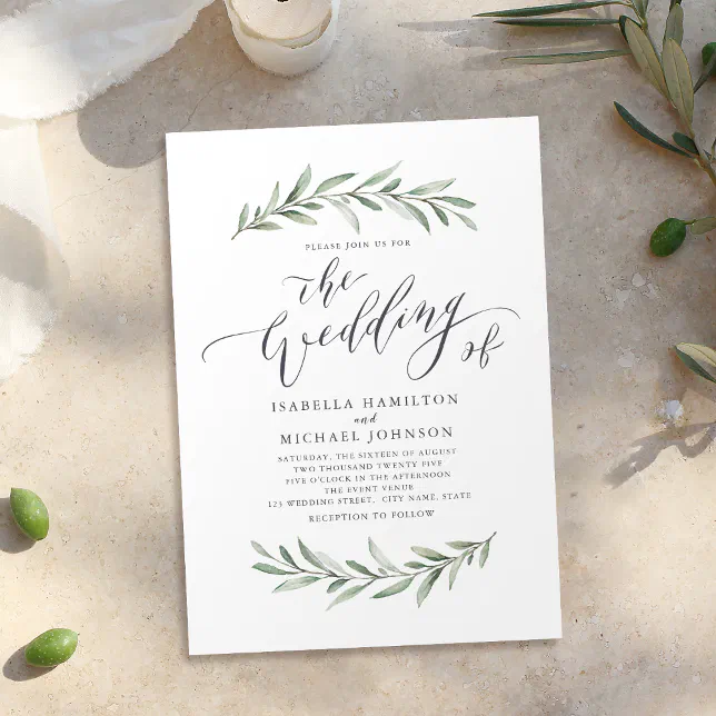 Simple calligraphy rustic greenery wedding invitation | Zazzle