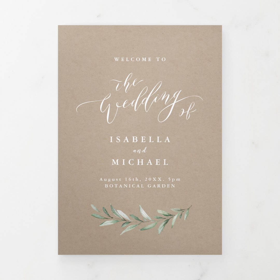 Simple calligraphy rustic greenery wedding program | Zazzle