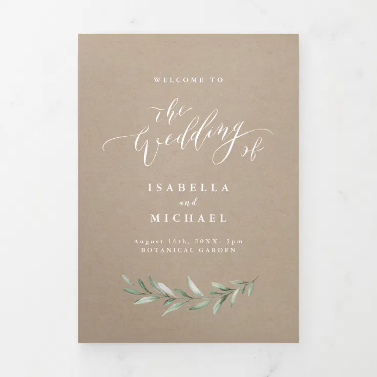 Simple calligraphy rustic greenery wedding program | Zazzle