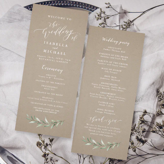 Simple calligraphy rustic greenery wedding program | Zazzle
