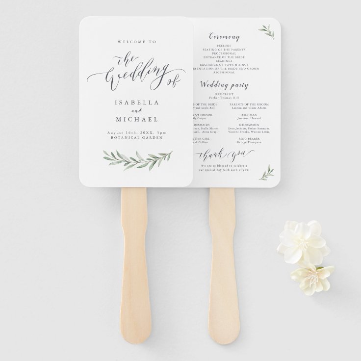 Simple calligraphy rustic greenery wedding program hand fan | Zazzle