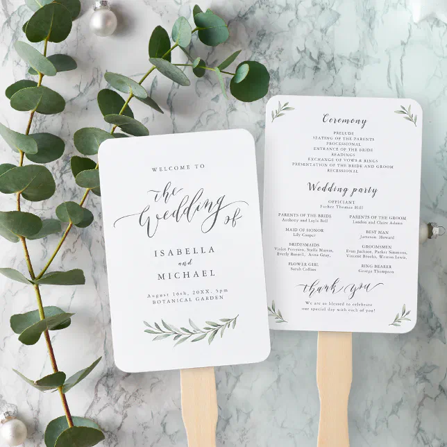 Simple calligraphy rustic greenery wedding program hand fan | Zazzle