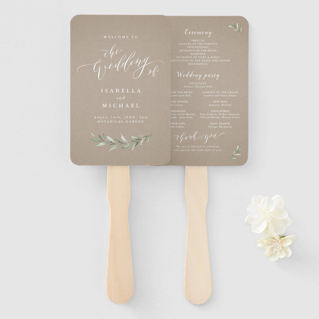 Simple calligraphy rustic greenery wedding program hand fan | Zazzle