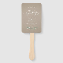 Simple calligraphy rustic greenery wedding program hand fan | Zazzle