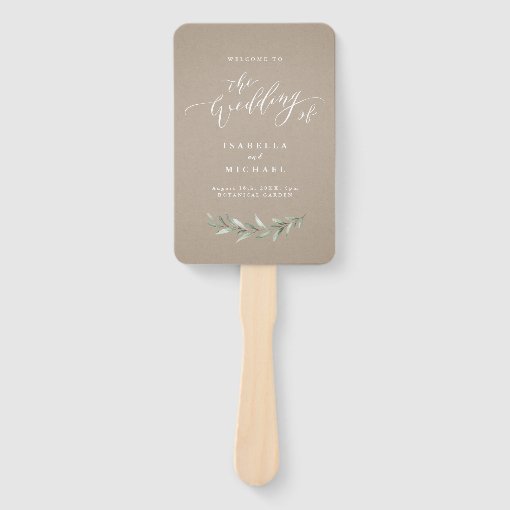 Simple calligraphy rustic greenery wedding program hand fan | Zazzle