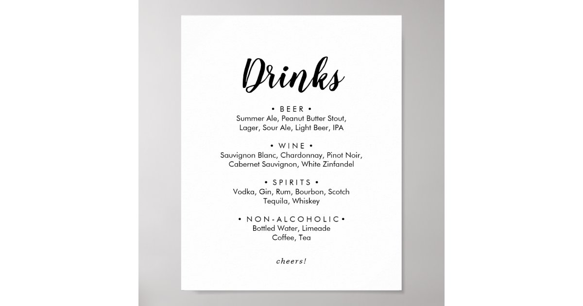 Simple Calligraphy Wedding Drinks Menu Sign | Zazzle