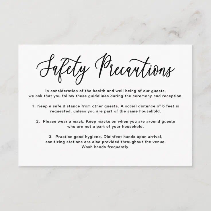 Simple Calligraphy Wedding Safety Precautions Enclosure Card | Zazzle