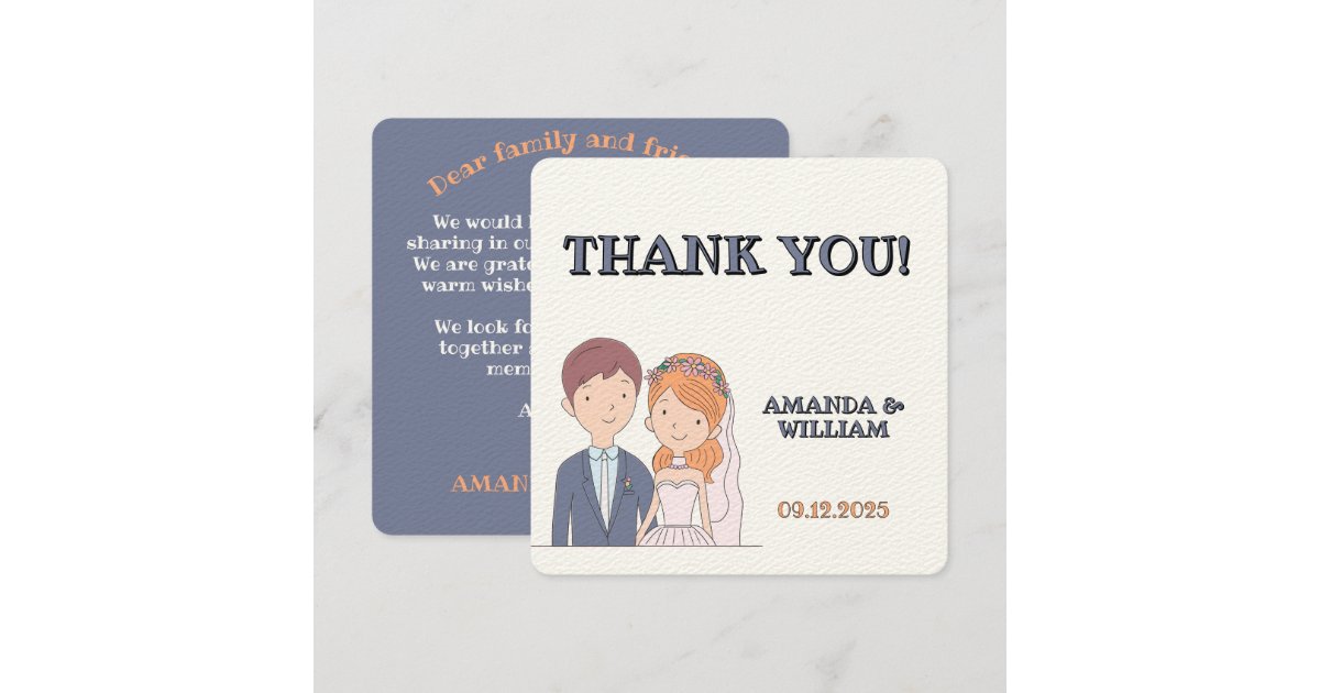 Simple, Cartoon-Iike Spouses Illustration Wedding Thank You Card | Zazzle