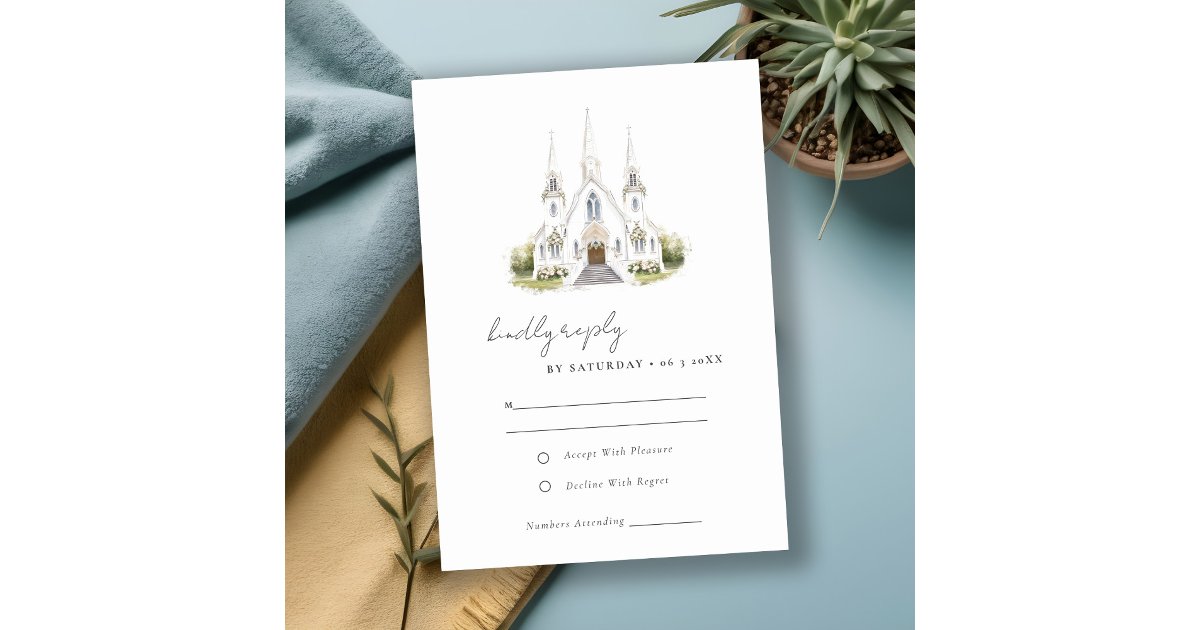 Simple Catholic Watercolor Church Wedding RSVP Card | Zazzle