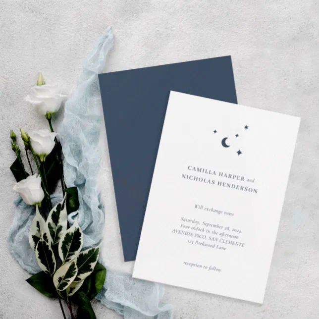 Simple Celestial Blue Stars Moon Wedding Invitation | Zazzle