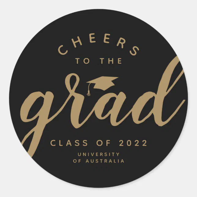 Simple Cheers to the Grad Black Gold Classic Round Sticker | Zazzle